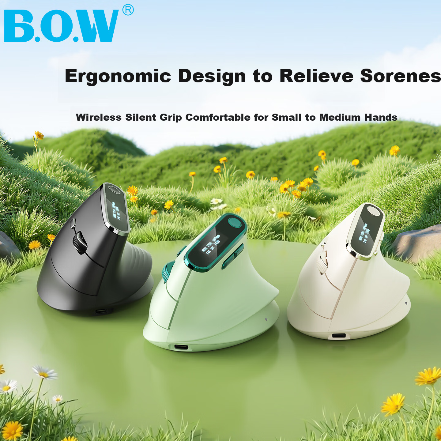 B.O.W MD490L Эргономичная вертикальная мышь с тремя режимами беспроводная Bluetooth проводная перезаряжаемая черная
