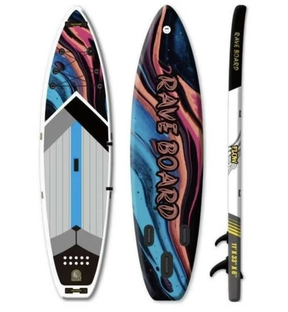 Надувной сапборд RAVE BOARD Flow 335х83х15, в комплекте двухслойный сап борд, сиденье, насос, весло, лиш