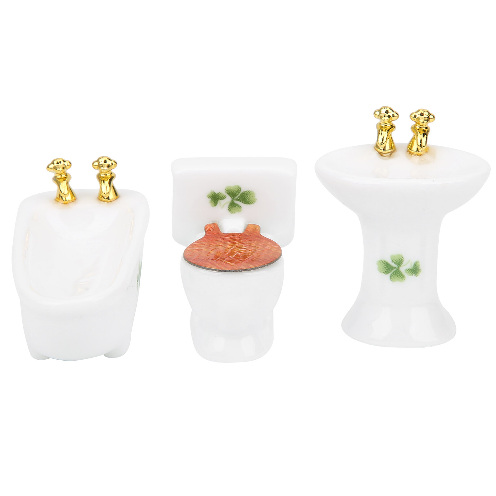 Набор для кукольного домика 1/24: миниатюрная ванная комната, имитирующая керамическую ванну, унитаз и раковину, с изображением четырехлистного клевера.