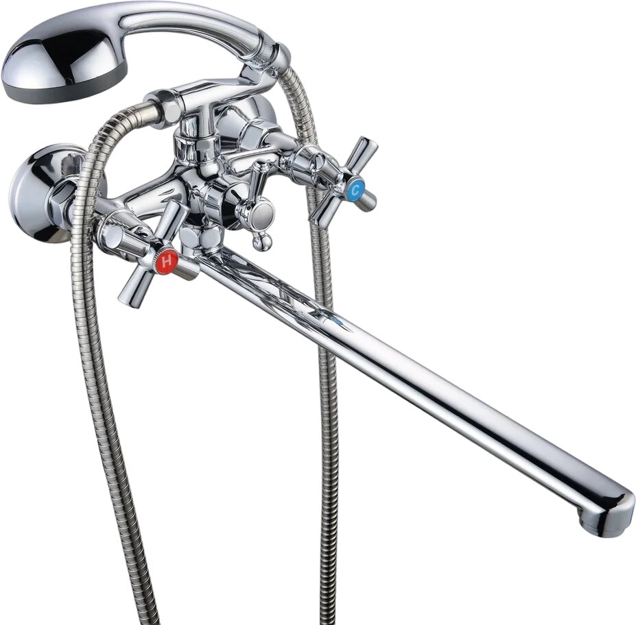 Смеситель с длинным изливом для ванны РМС SL138-143P с душевым гарнитуром, поворотный, металлический, хром, глянцевый, смеситель для ванны с душем, вентильный