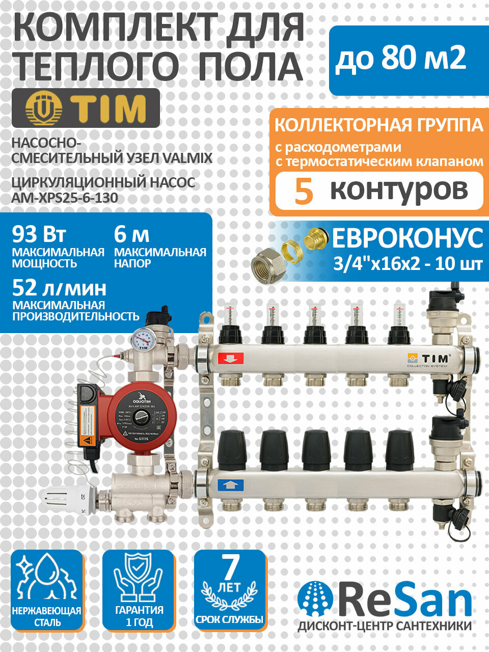 Комплект TIM для теплого пола на 5 выходов до 80 м2 Коллектор нерж KCS5005 нсу JH-1036 циркуляционный насос AM-XPS25-6-130 евроконус 3/4 16х2 10 шт