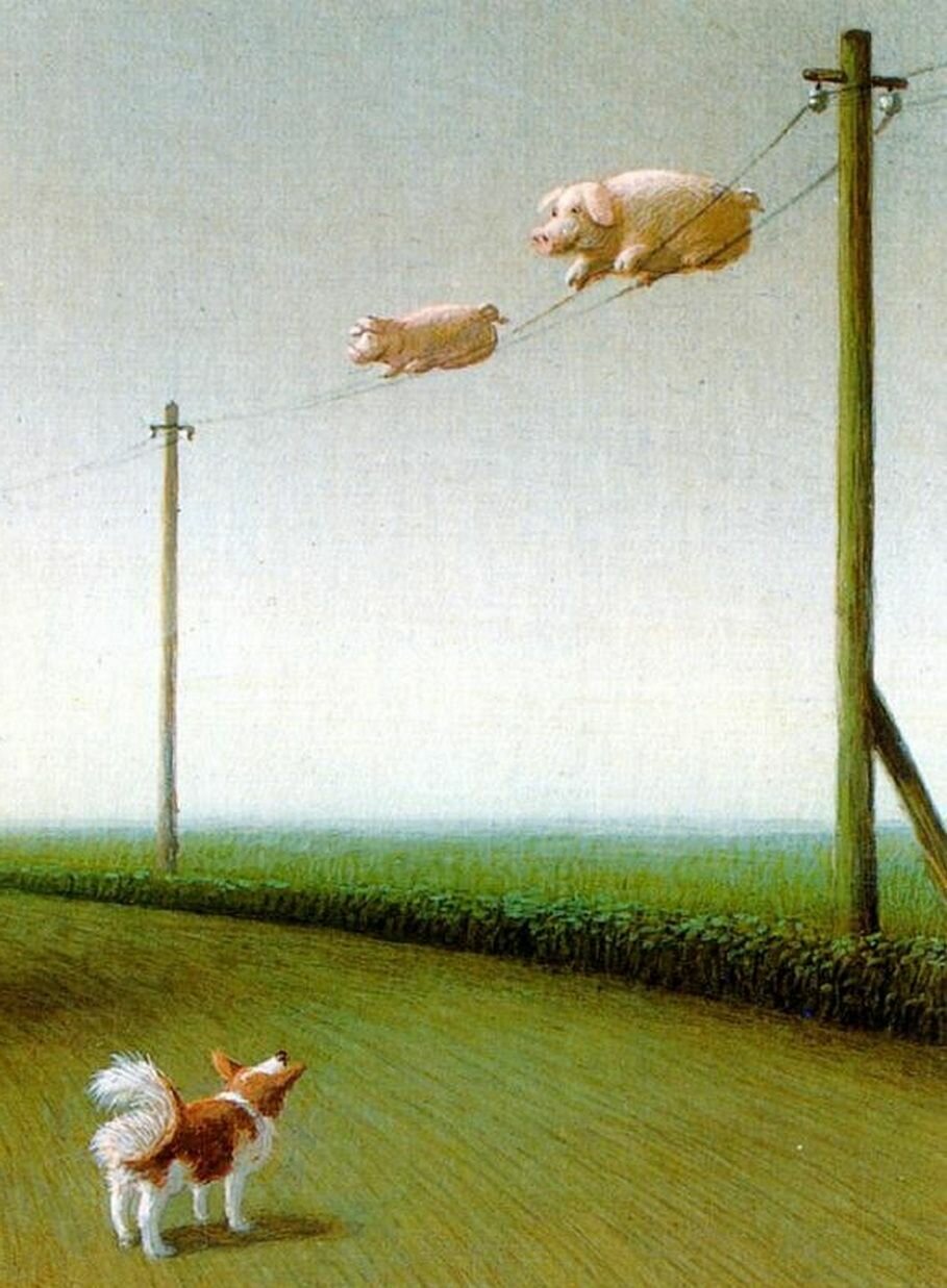 Плакат, постер Михаэль Сова Michael Sowa Сбор перелетных свиней на холсте, размер 21х30см