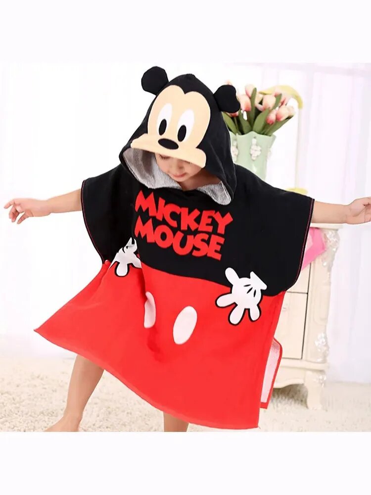Детское полотенце-пончо Mickey Mouse из хлопка с капюшоном, красное и черное
