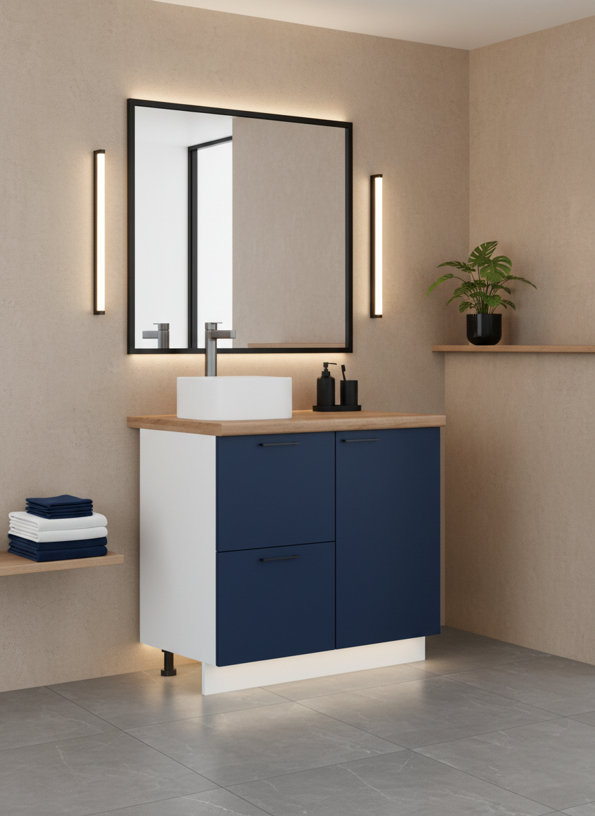 Тумба для ванной напольная 90см Ежевика/Белый гладкий (со столешницей)