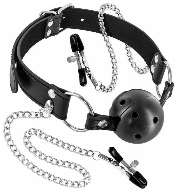 Жесткий шар-кляп с зажимами для сосков, Fetish Tentation, пластик, нейлон, черный