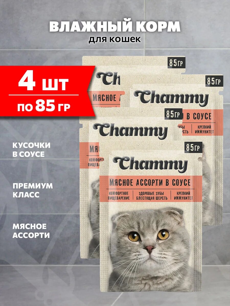 Корм влажный Chammy для взрослых кошек с мясное ассорти в соусе, 85 г 4 шт