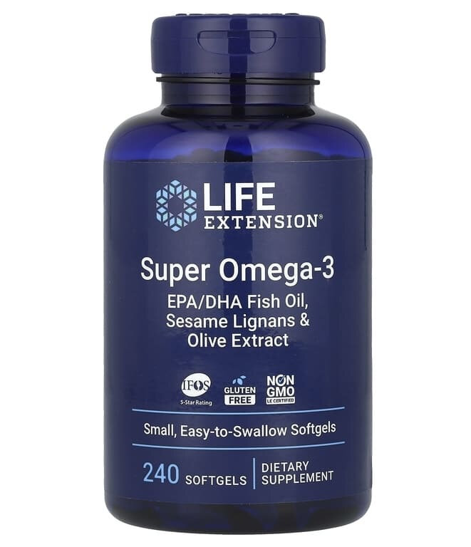 Life Extension Super Omega-3 EPA/DHA Fish Oil Sesame Lignans and Olive Extract, Супер Омега-3 из рыбьего жира с ЭПК/ ДГК, с лигнанами кунжута и экстрактом оливы 240 гел. капсул