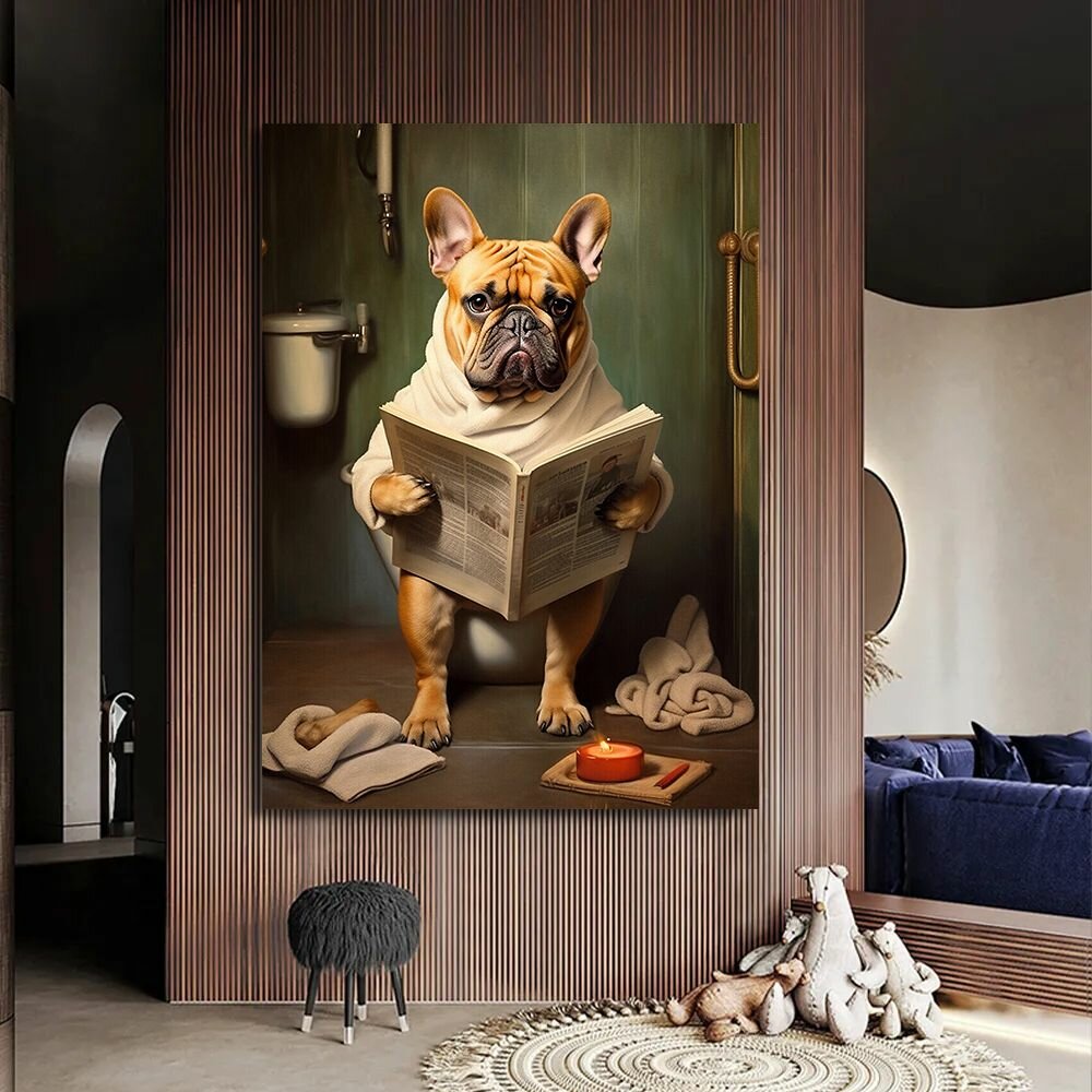 Картина в туалет, собака на унитазе, Французкий бульдог читает газету, 60х80 см.