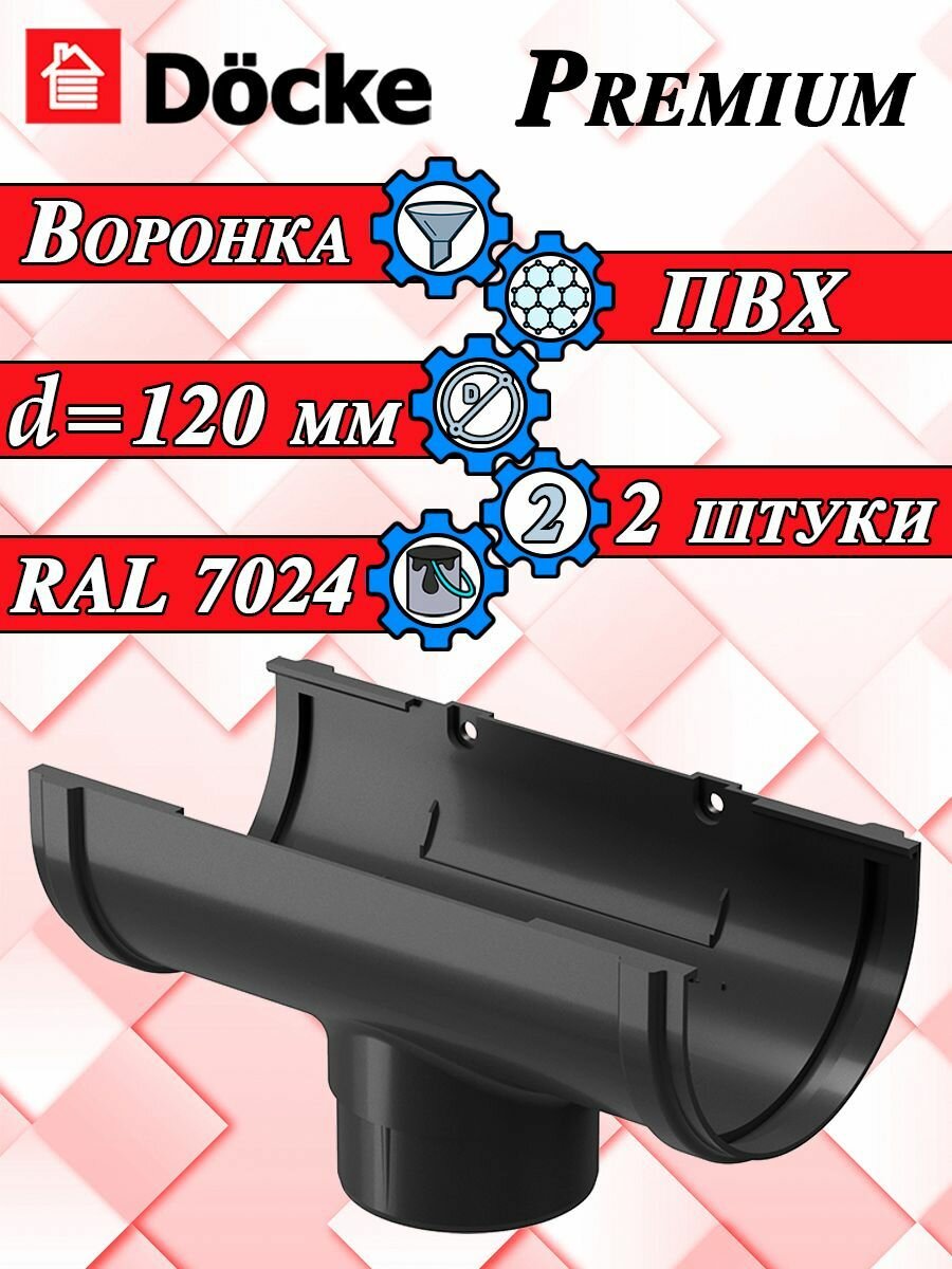 Воронка желоба 2 штуки Docke Premium ПВХ графит RAL 7024 (d 120 мм) для водосточной системы Деке (120/85) серый элемент водостока для крыши