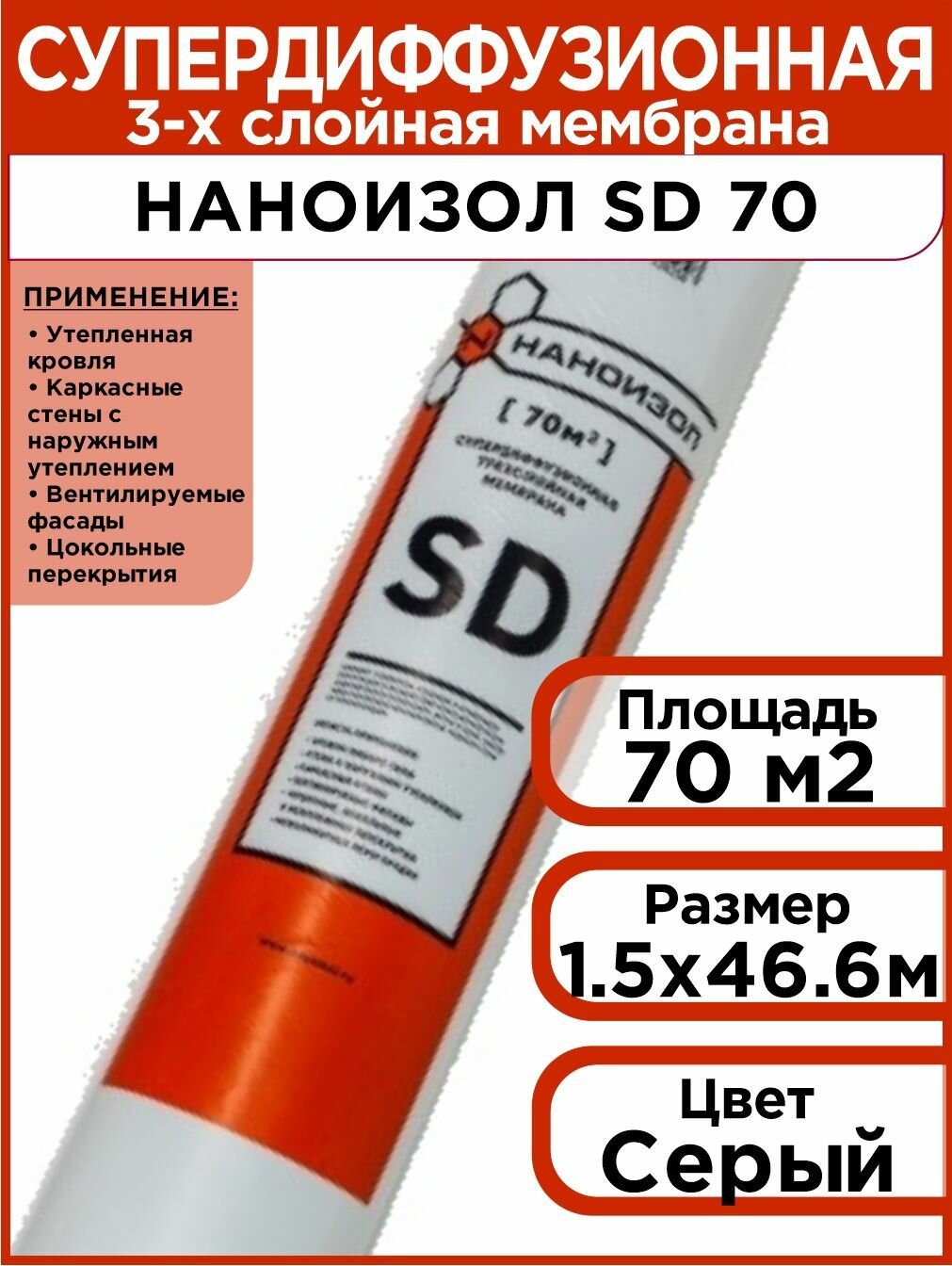Супердиффузионная 3-х слойная мембрана Наноизол SD (1,5*46,67м) 70 м2
