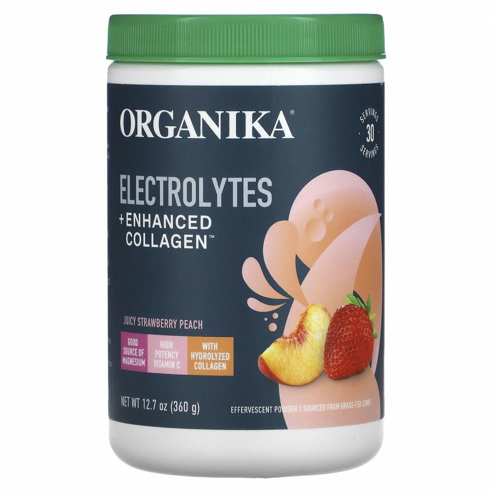 Organika, Electrolytes + Enhanced Collagen ™, сочная клубника и персик, 360 г (12,7 унции)