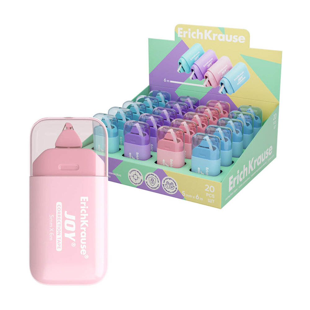 Упаковка 20 шт. Корректирующая лента ERICH KRAUSE "JOY" Pastel, 5мм х 6 м, корпус ассорти, блистер, европодвес, 61931