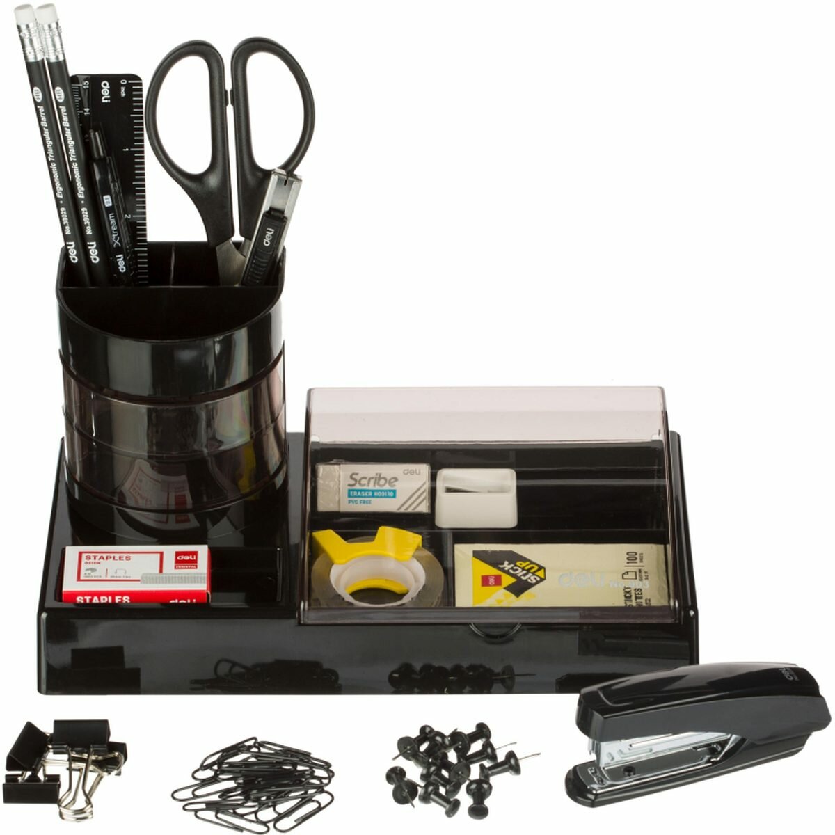 Настольный набор пластиковый Deli (16 предметов) черный/прозрачный (E38254)