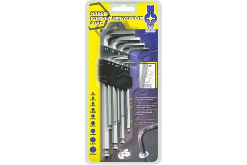 Набор ключей угловых шестигранных имбусовых 9 шт (1,5-10мм) хром. сталь Nox