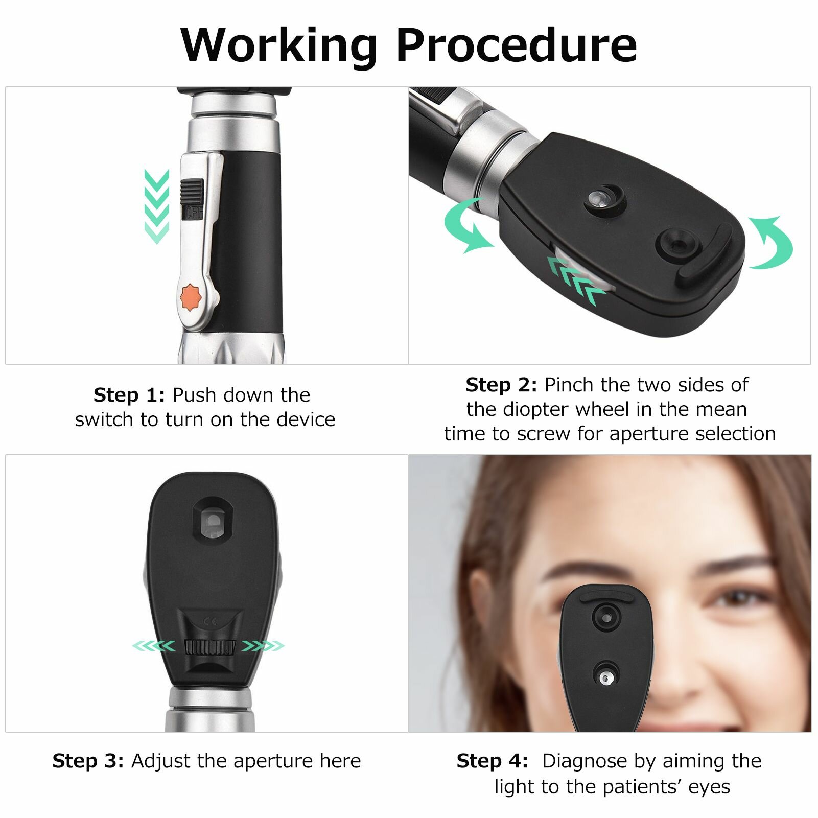 Офтальмоскоп ручной прямого освещения HS-OP10, компактный, с LED/галогеновой лампой, 19 диоптрий, 2xAA батареи