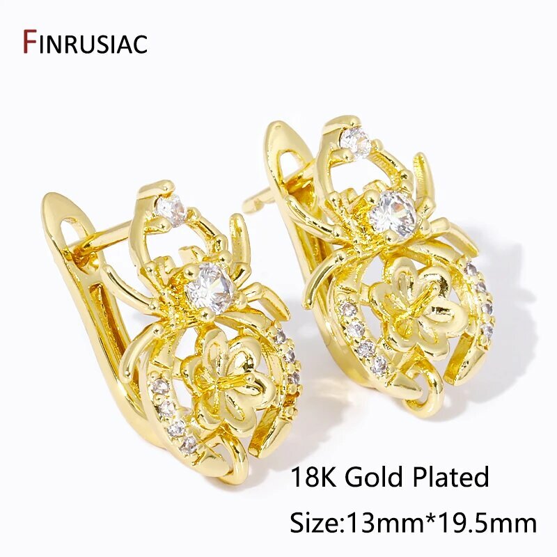 Серьги-крючки 18K Gold Plated, паучок, цирконы
