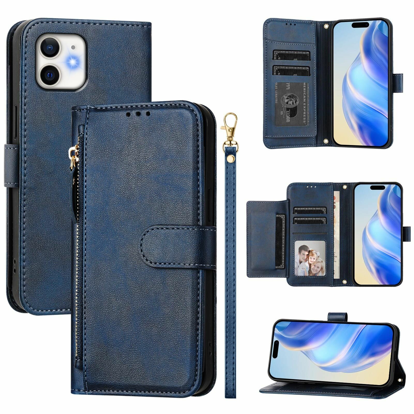 Кожаный книжка чехол в виде бумажника для Apple iPhone 12/ iPhone 12 Pro (Айфон 12/ Айфон 12 Про) с застежкой-молнией, коротким шнуром, Складной слот для карт и отделением для кошелька