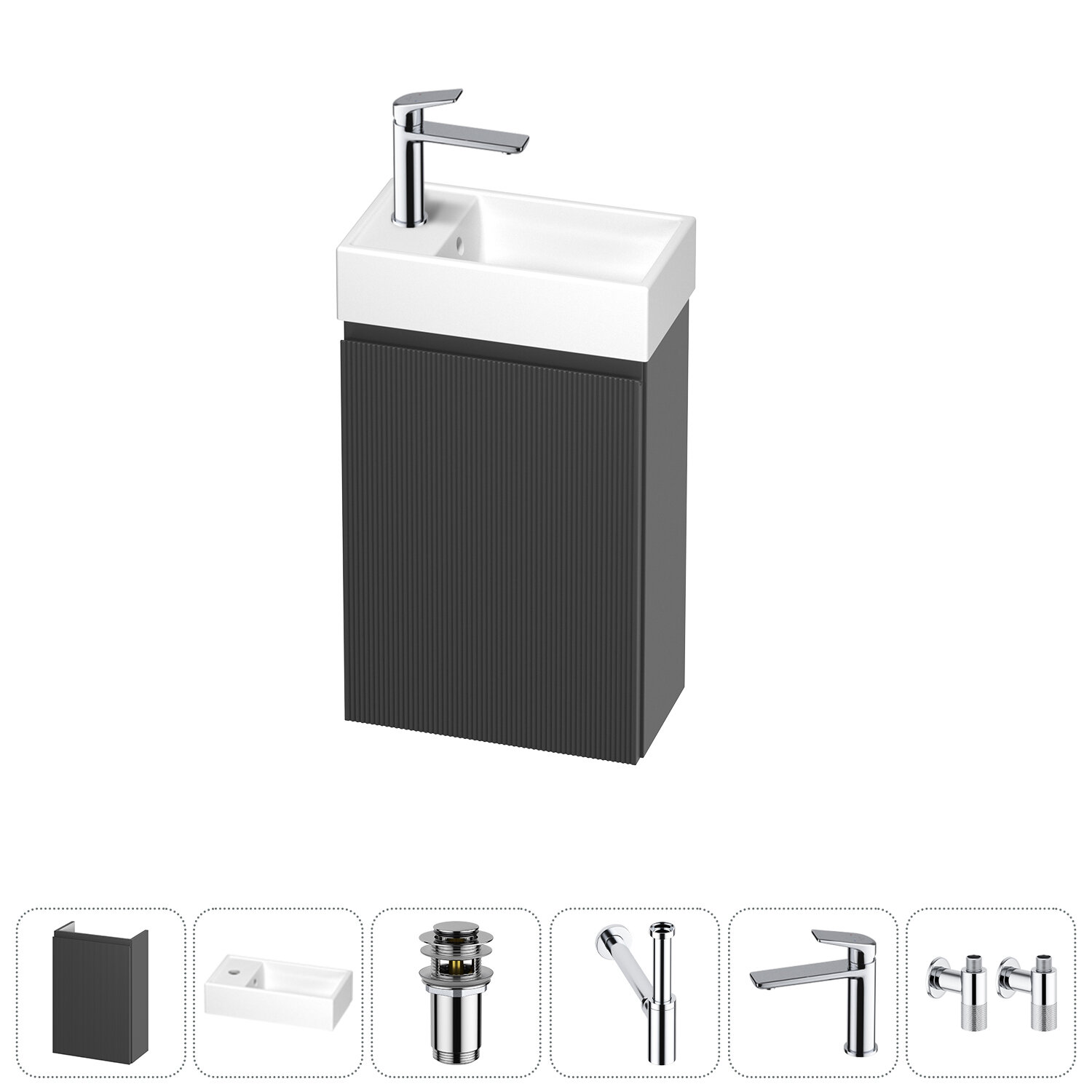 Влагостойкая тумба с раковиной в ванную комнату или туалет Wellsee WC Area 20216892R в наборе 6 в 1: узкая подвесная тумба 40 см (матовый темно-серый), маленькая раковина, донный клапан, сифон, смеситель, вентили 2 шт (цвет набора хром)