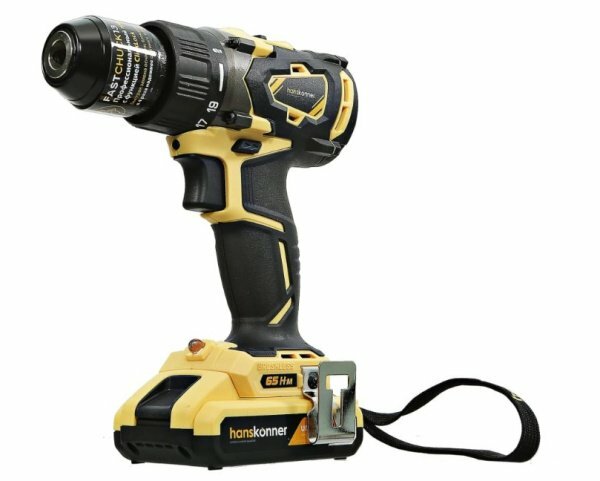 Дрель аккум. б/щ Hanskonner, 18В, OneBat, 2x2,4Ач, 65 Нм, патрон 13мм, кейс