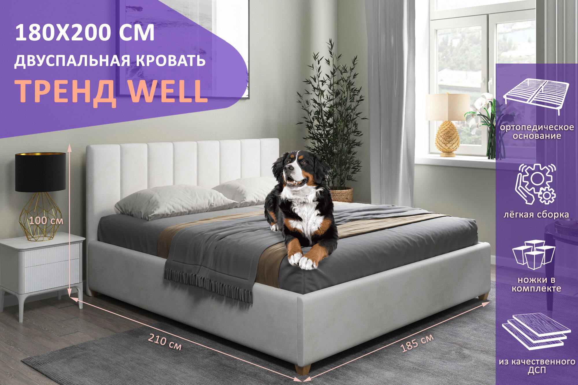 Двуспальная кровать Тренд WELL 180х200 см, с ортопедическим подъемным механизмом, цвет молочный