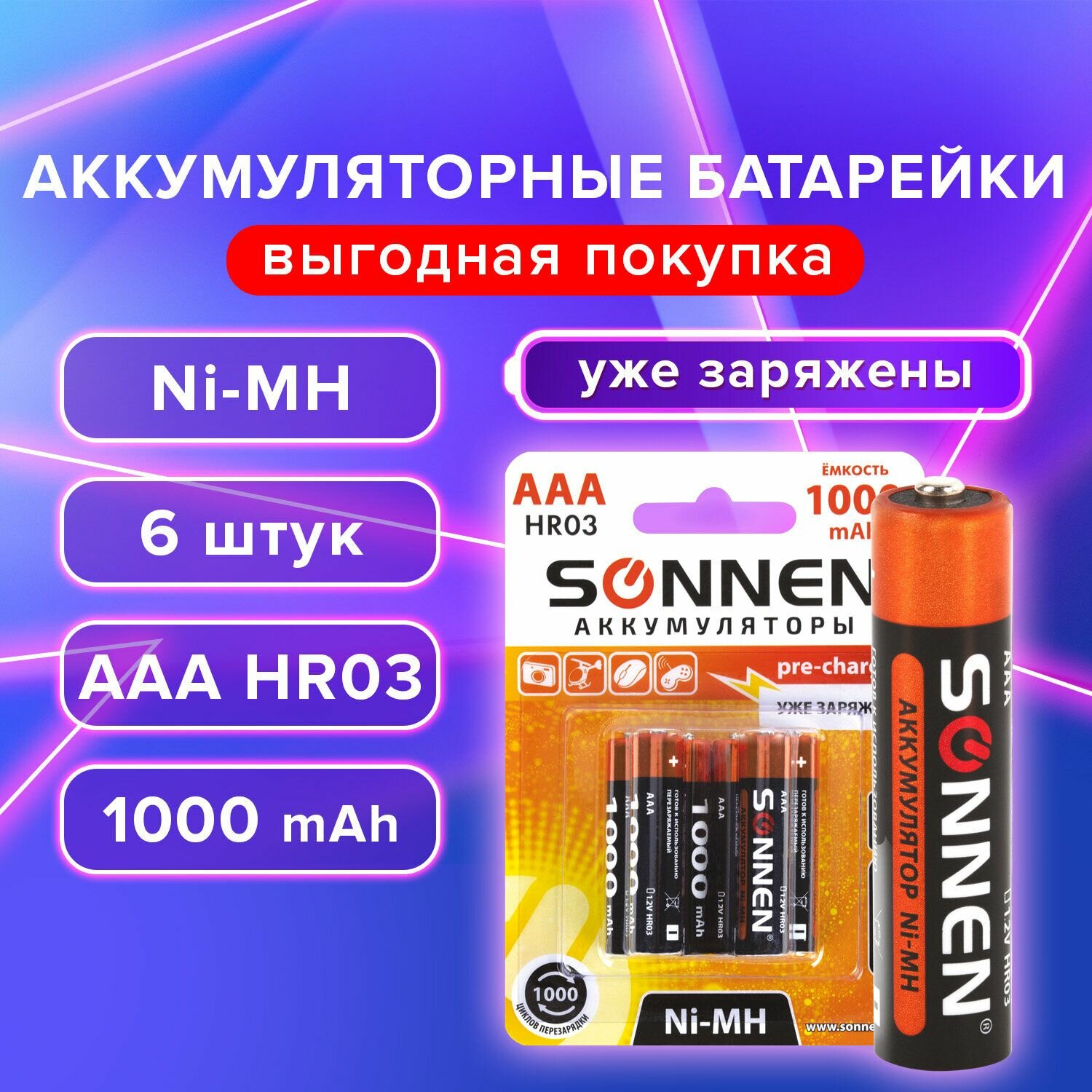 Батарейки аккумуляторные Sonnen Ni-Mh, мизинчиковые, 6 штуки, AAA (HR03), 1000 mAh