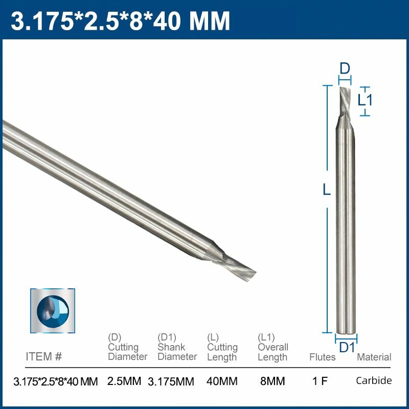 Фреза спиральная однозаходная XCAN, 3,175х2,5х8х40 мм, по дереву, левая