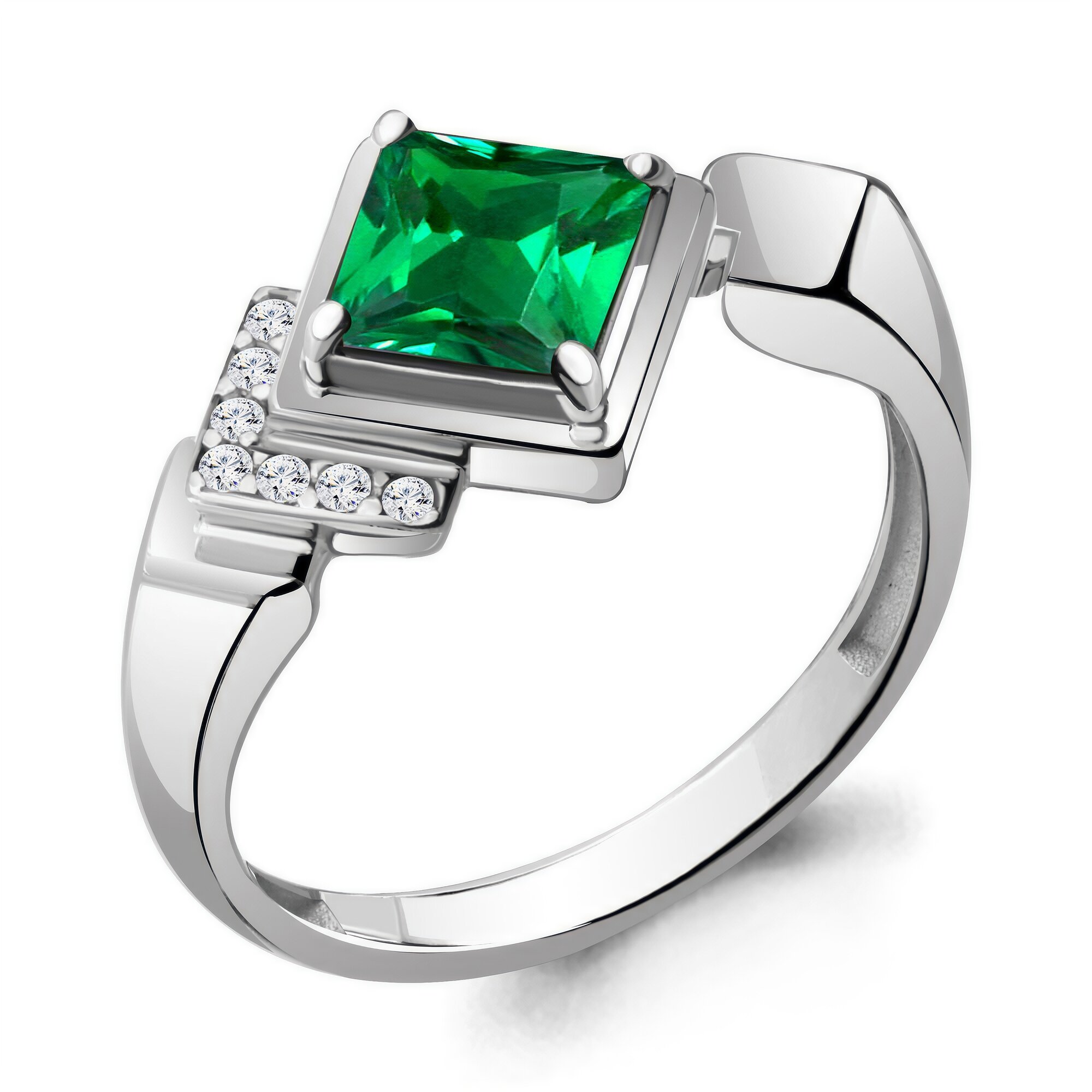 Кольцо, серебро, 925 проба, родирование, фианит, изумруд синтетический