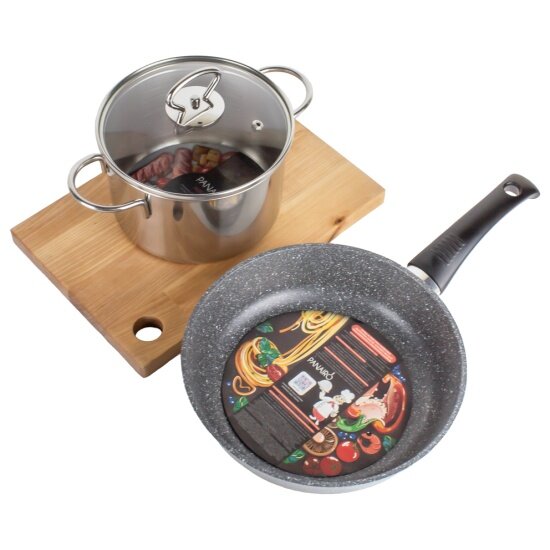 Набор посуды Panairo "Catalina №4": Кастрюля 2 л. с крышкой + Сковорода глубокая, 22 см + Доска разделочная 30х20х2 см (CA-NAB-4)