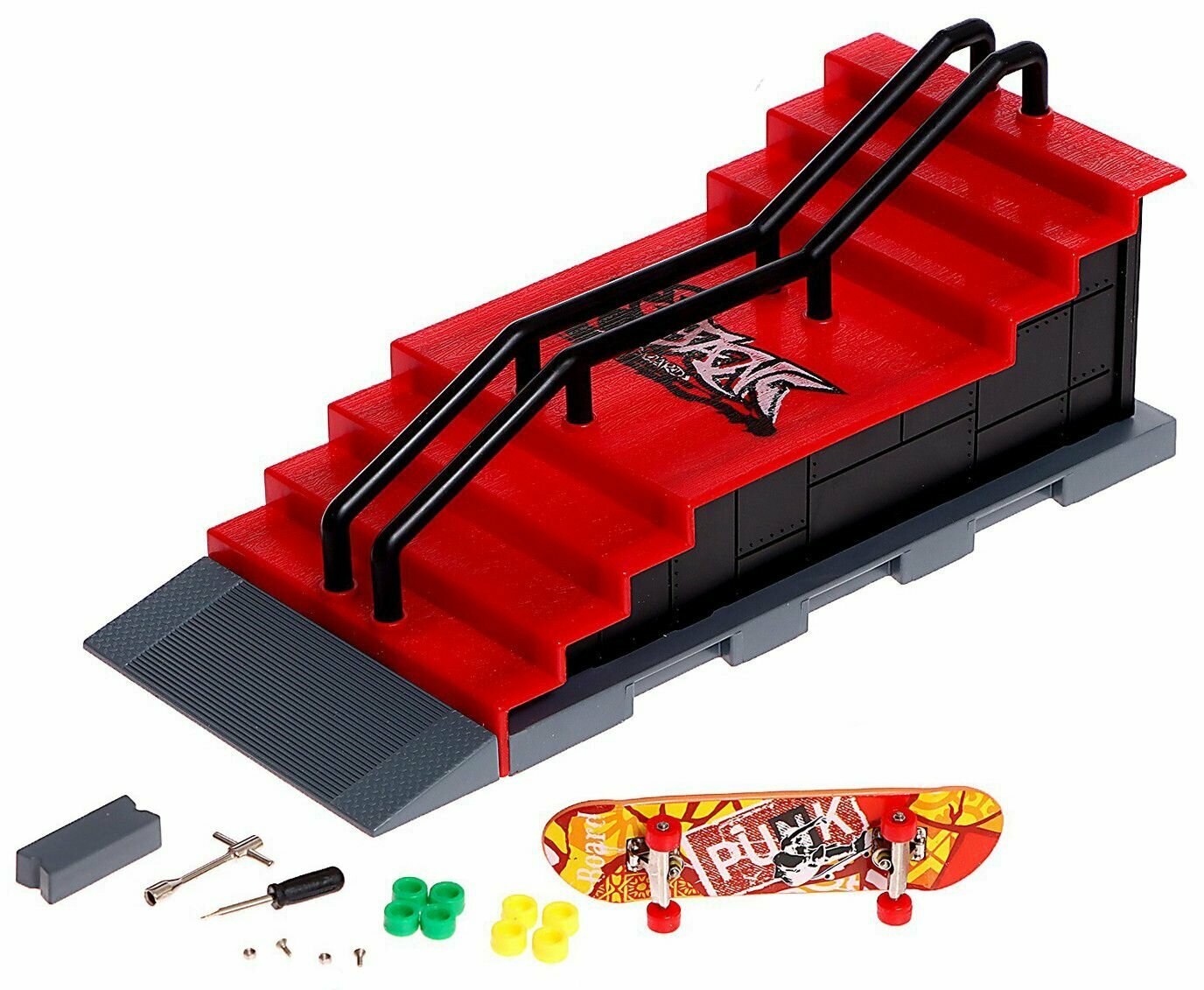 Набор скейт-парк "Трюк: прыжок с лестницы" с ремкомплектом, фингерборд с лестницей, мини-скейтборд, фингер-скейт, пальчиковая игрушка для трюков-2