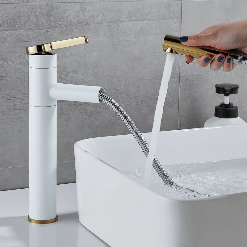 Высокий смеситель для умывальника/раковины/кран для раковины в ванную 360 спинов, латунь, Белый + золотой