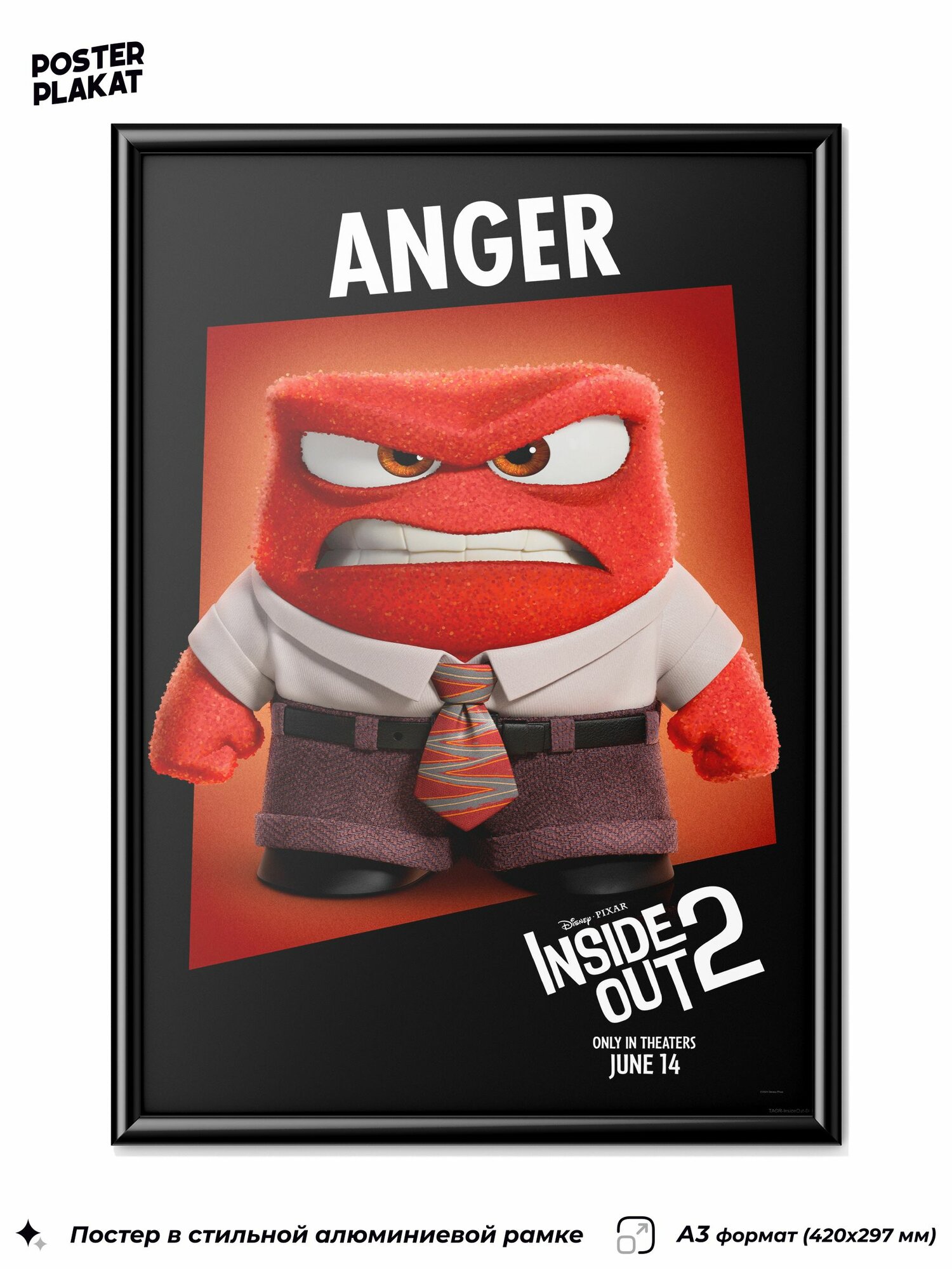Постер Головоломка 2 / Inside Out 2, Гнев, по мотиву мультфильма Дисней, для интерьера, в раме, А3 (420х297 мм), Постер Плакат