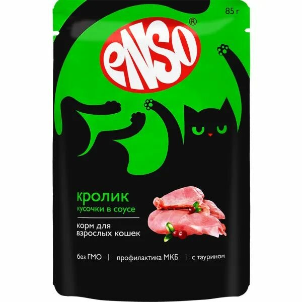 ENSO Корм влажный полнорационный для взрослых кошек, кусочки в соусе с кроликом, пауч 85г
