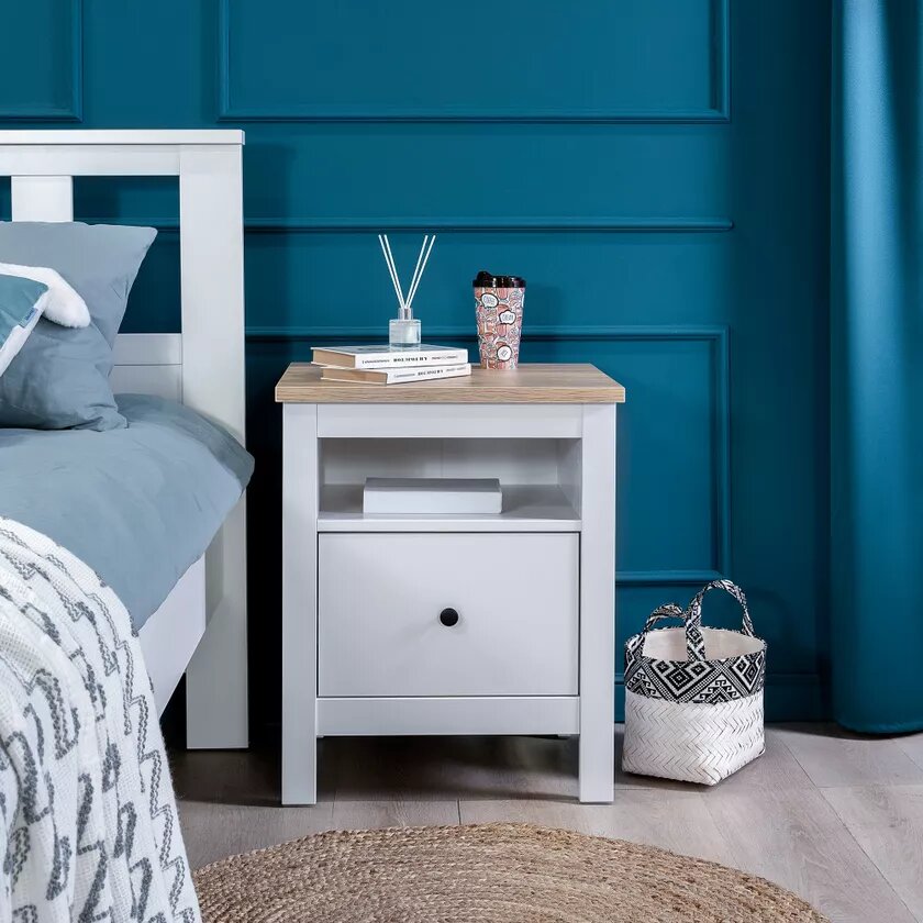 Тумба прикроватная "Сага" с выкатным ящиком, белый ясень, ЛДСП/МДФ, 51,2 см х 62,2 см x 41,4 см