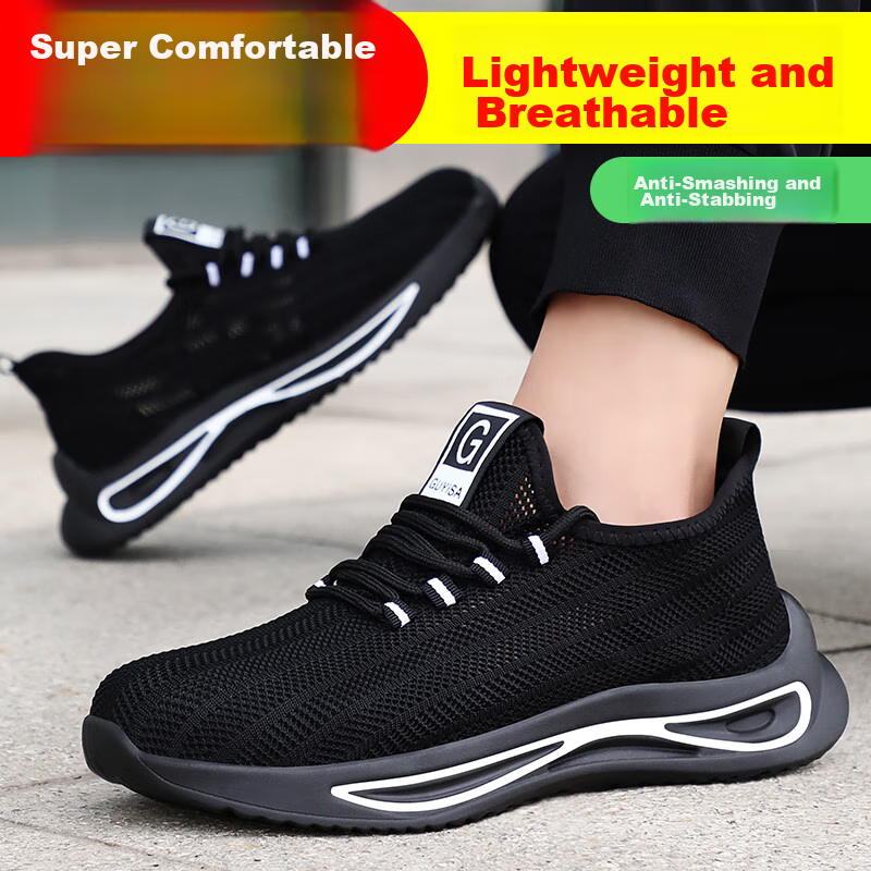 JUNBU Safety Shoes for Men, Summer Breathable Steel Toe Cap, Anti-Smashing, Anti-Puncture, Lightweight, Odor-Resistant, Construction Site Work Shoes 1080S Size 44
