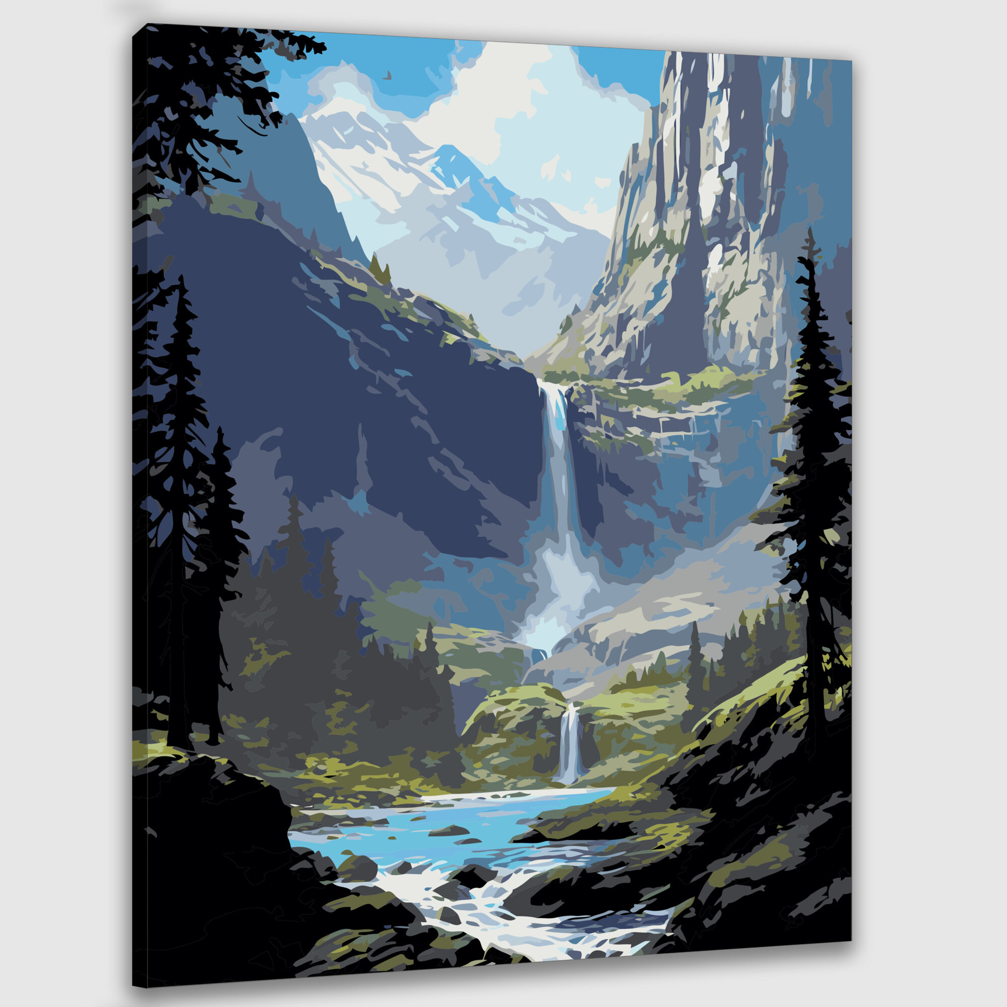 Картина по номерам 40x50 см, водопад, бассейн, скалы, листва, мощь природы, глубина, динамичность, неземной эффект