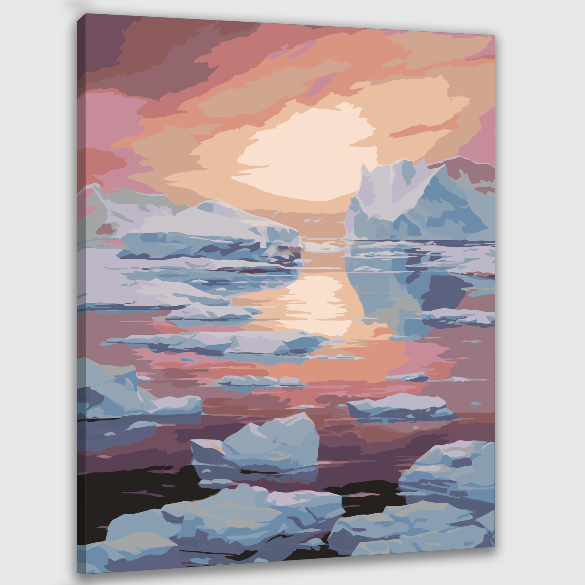 Картина по номерам 40x50 см, масляная картина, арктический пейзаж, айсберги, ледяное море, отражение, спокойная вода