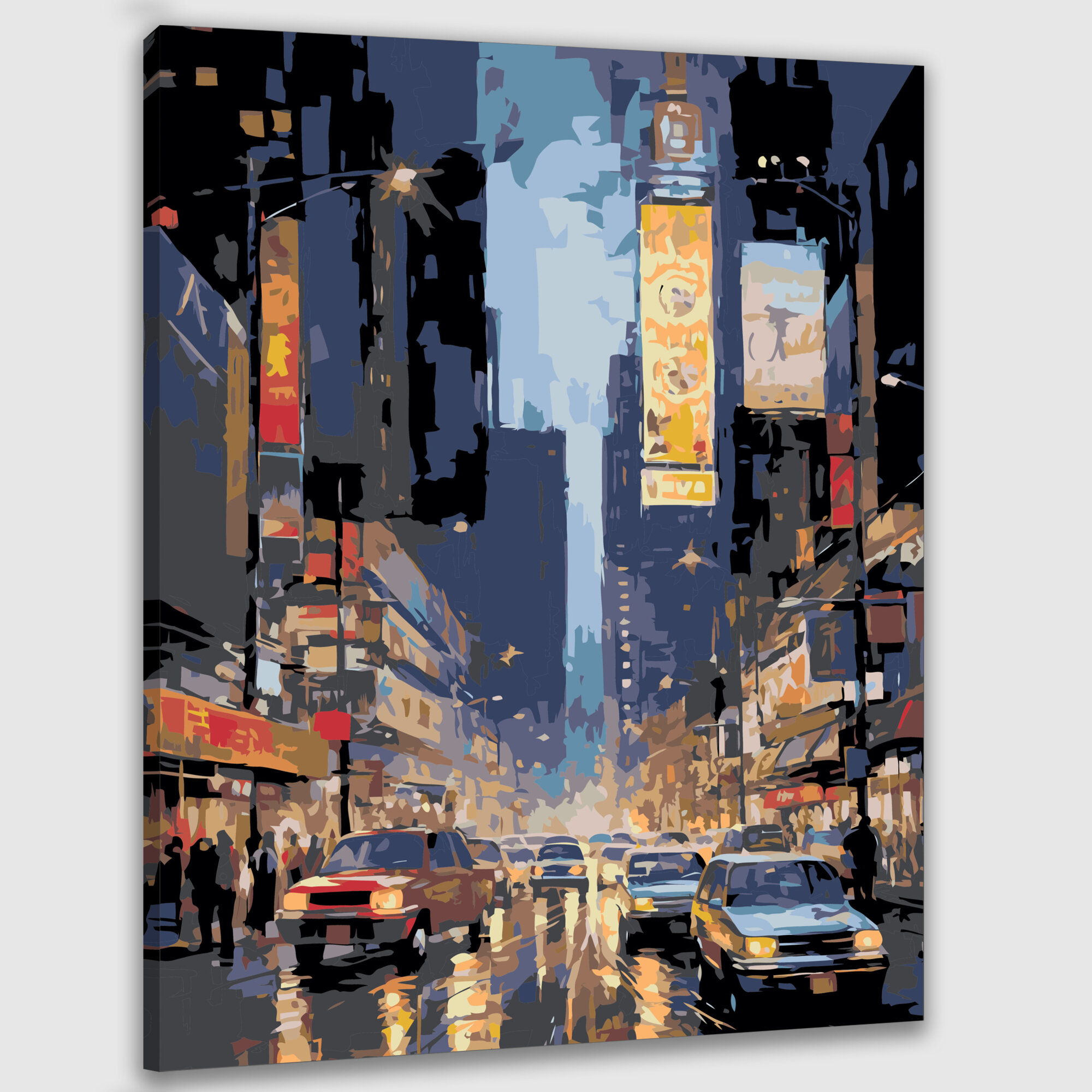 Картина по номерам 40x50 см, масляная картина, городской пейзаж, ночной город, уличные фонари, светящиеся вывески, люди