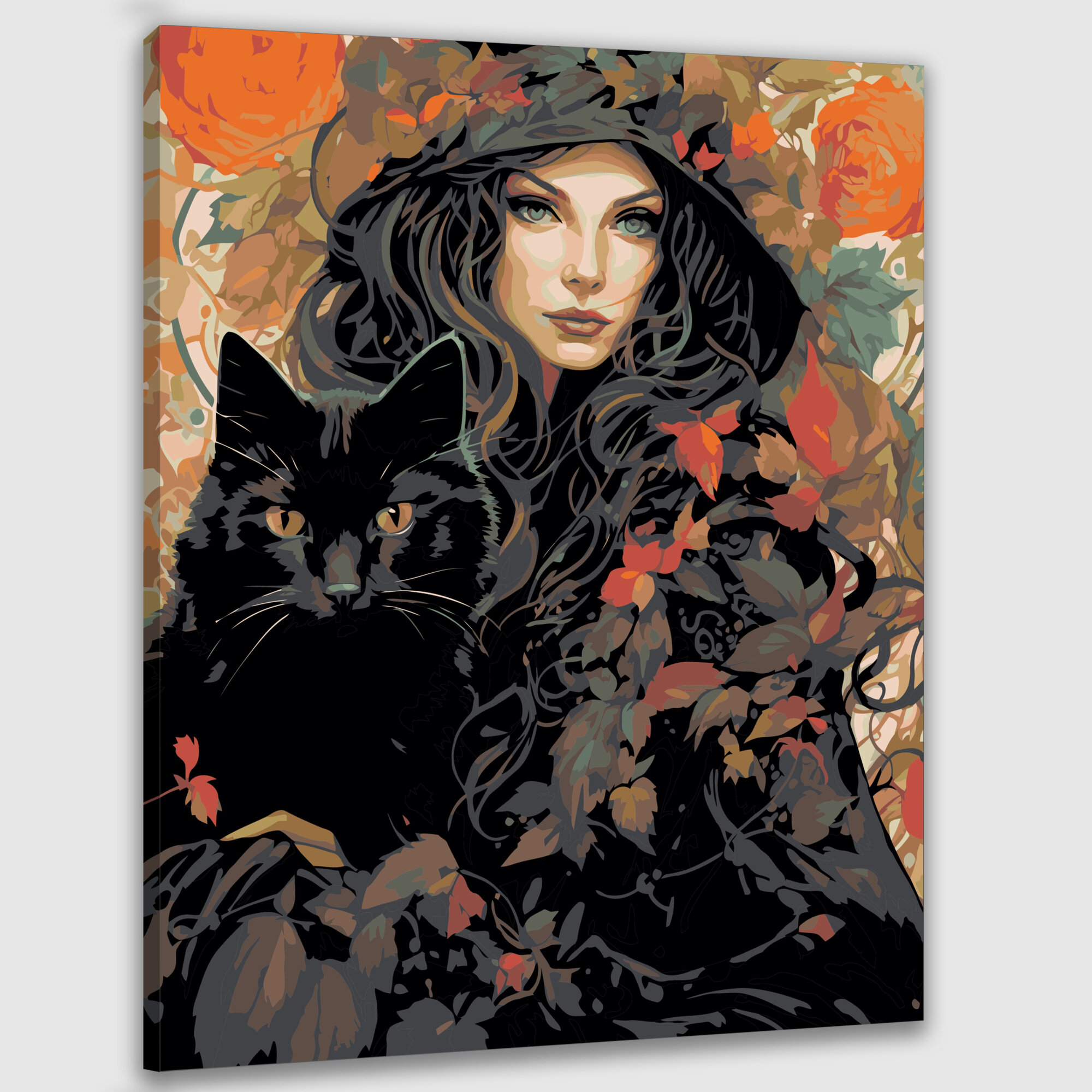 Картина по номерам 40x50 см, ведьма, черная кошка, акварельная картина, яркие цвета, сказочная гармония, узоры, символы