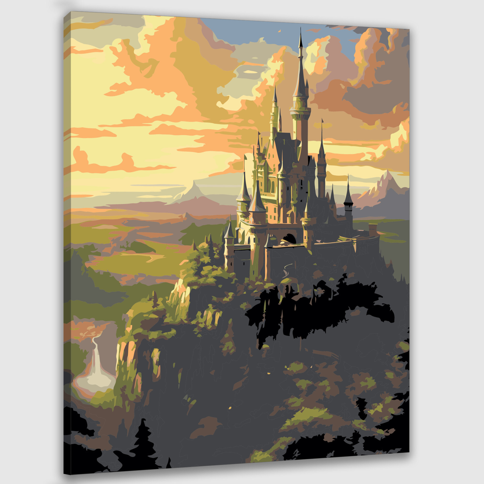 Картина по номерам 40x50 см, замок, башни, флаги, холмы, заходящее солнце, величие, ветерок, цифровое изображение