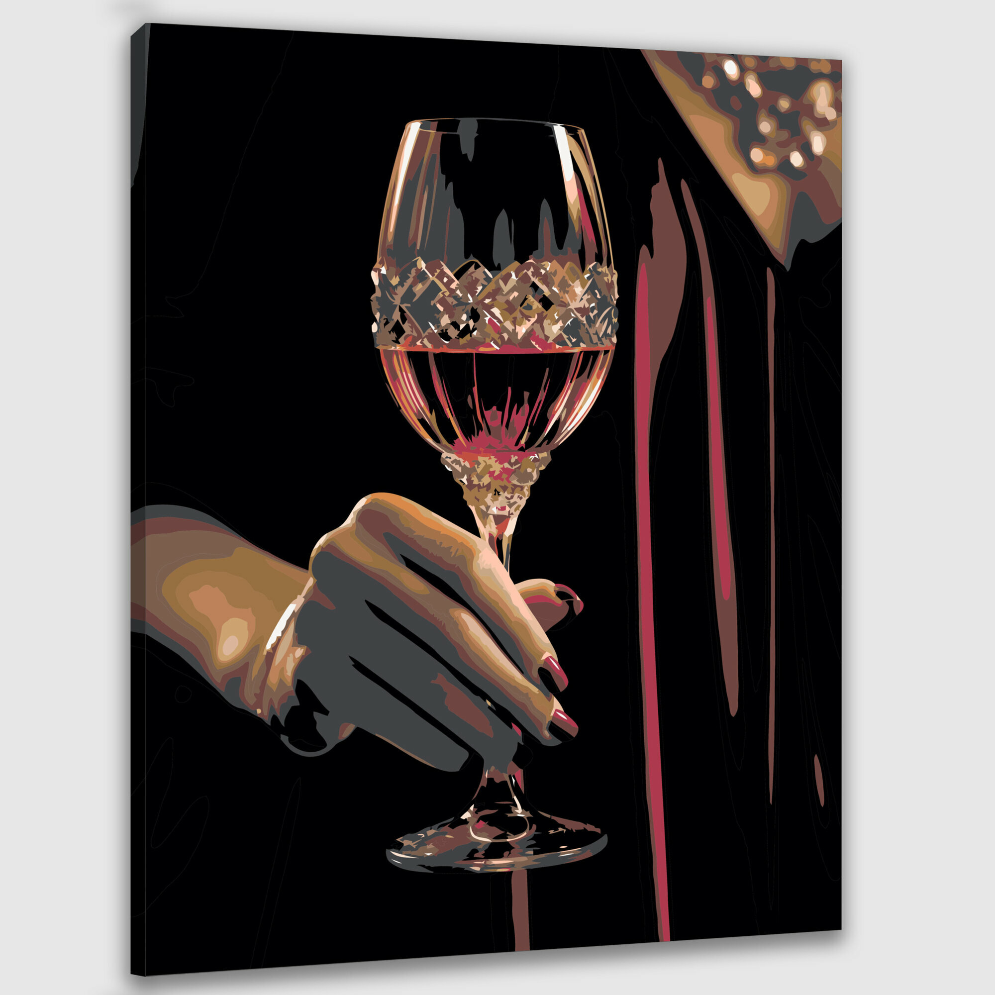 Картина по номерам 40x50 см, фотография, бокал для вина, кристально чистый, темно-красное вино, рука, золотое кольцо