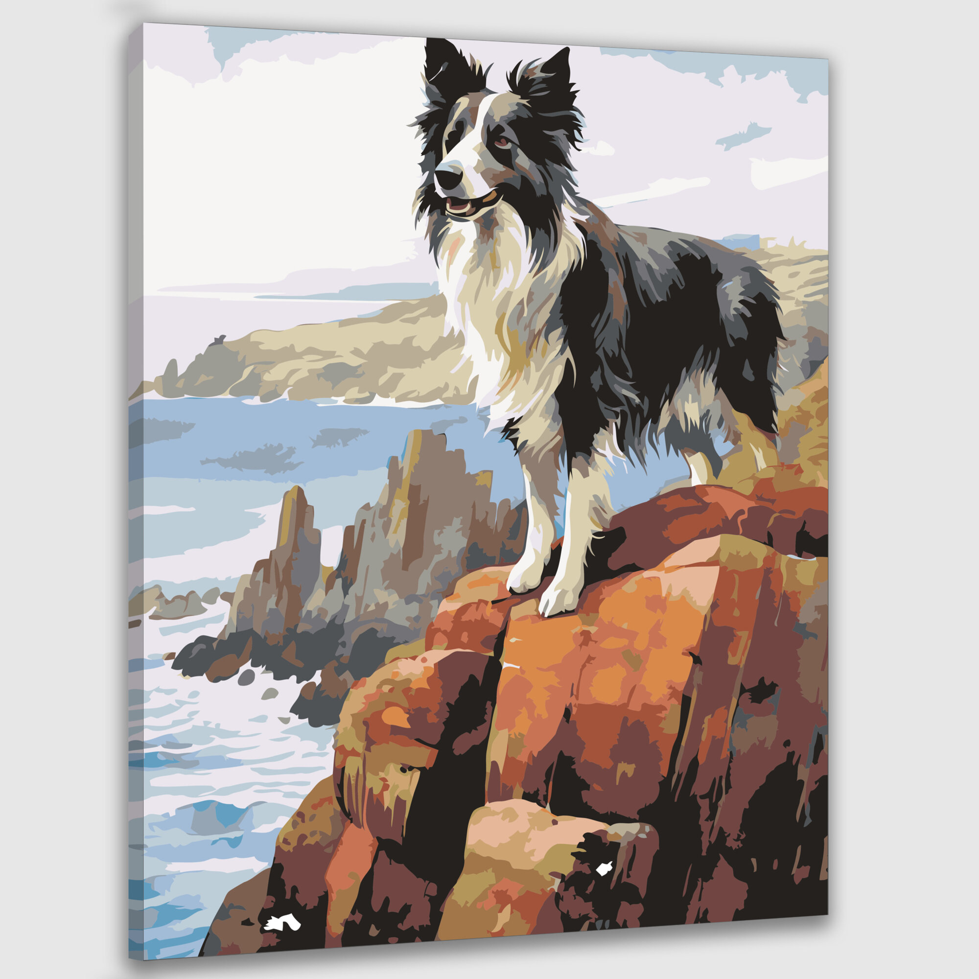 Картина по номерам 40x50 см, бордер-колли, акварельная иллюстрация, скалистый утес, прибрежный пейзаж
