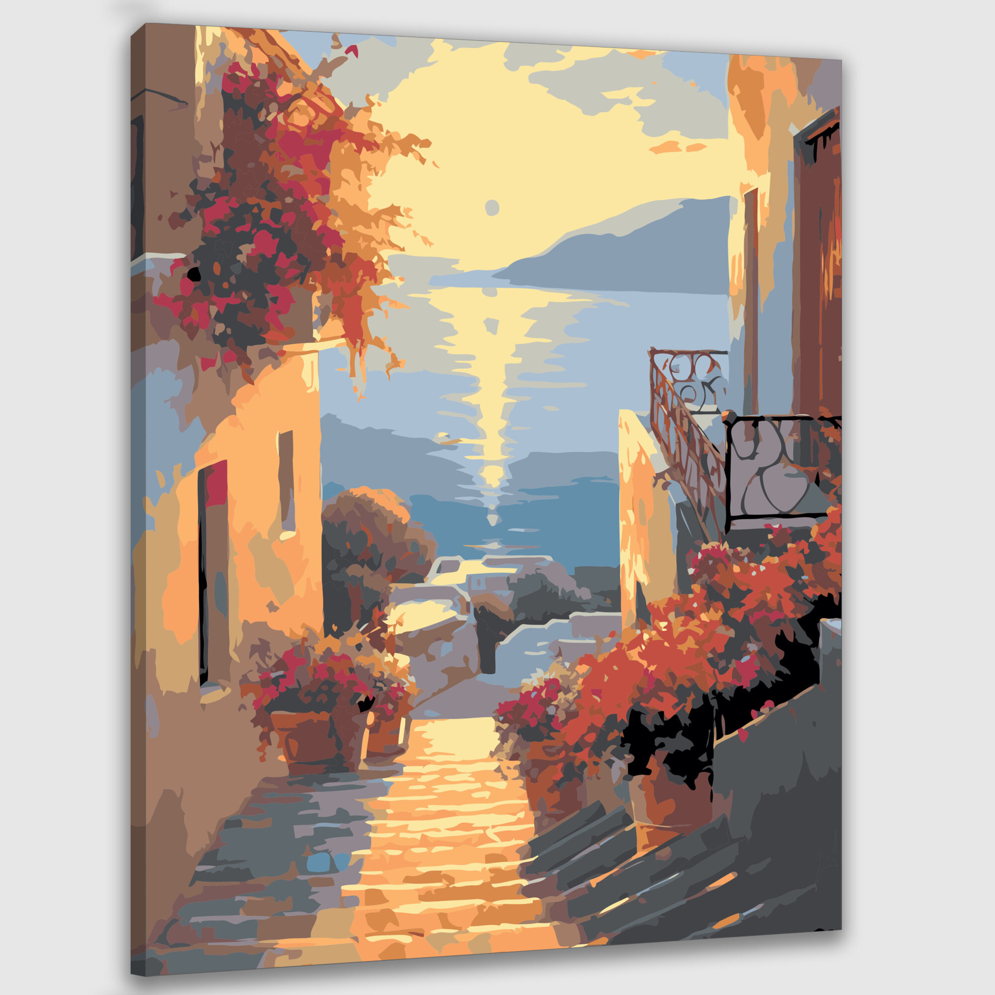 Картина по номерам 40x50 см, картина маслом, Греция, вечерняя прогулка, Эгейское море, солнце, золотое сияние