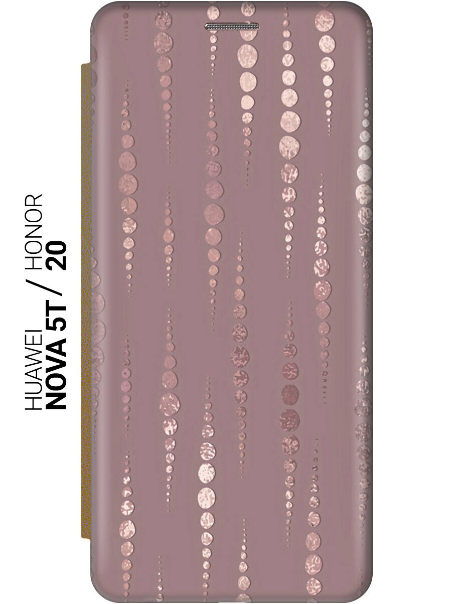 Чехол-книжка на Honor 20, Huawei Nova 5T, Хонор 20, Хуавей Нова 5Т с 3D принтом "Монеты в розовых песках" золотой