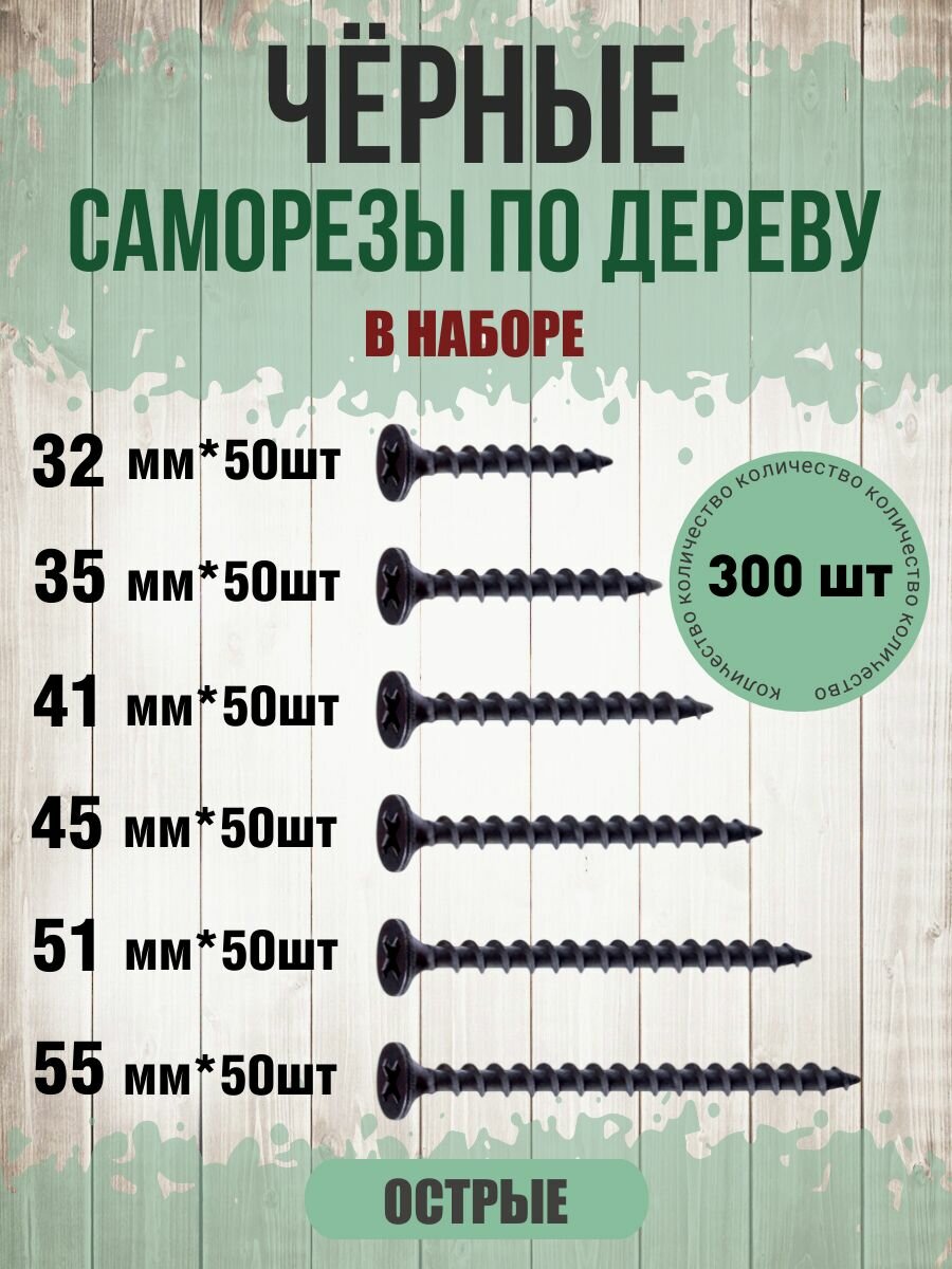 Саморезы по дереву набор GETSTUFF черные универсальные 300 шт.