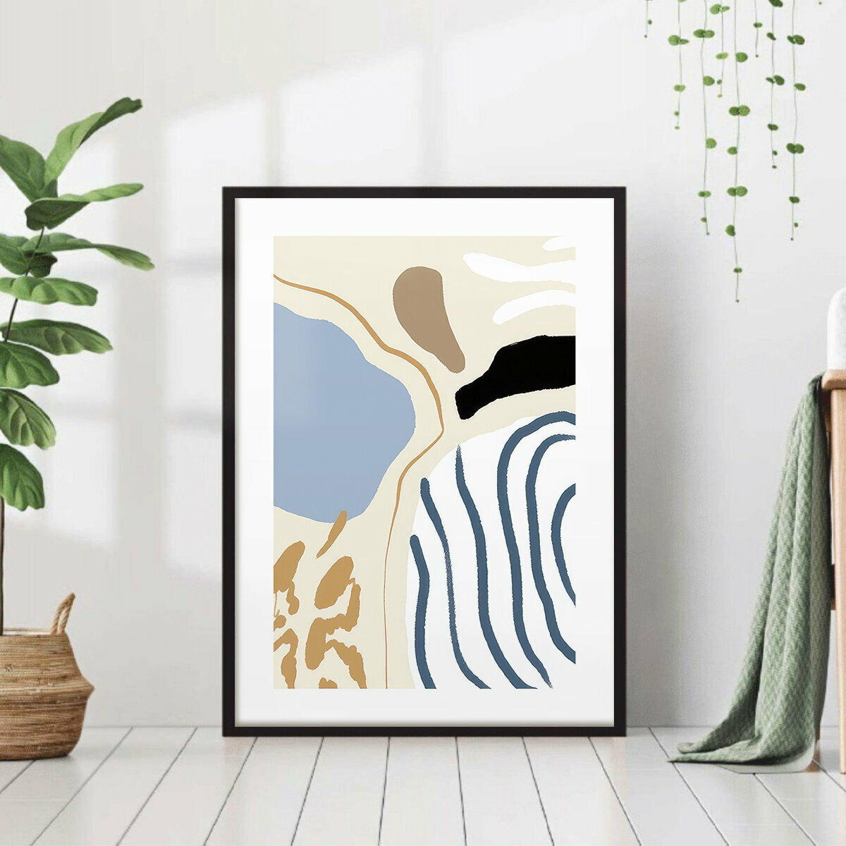 Постер "Абстракция голубой и коричневый" 50х70 в черной рамке для интерьера на стену