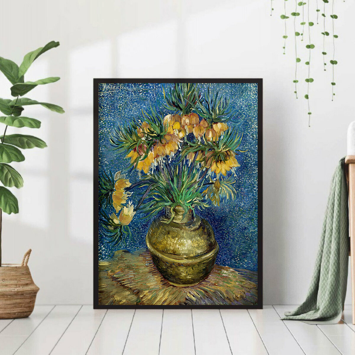 Постер "Фритиллярии в медной вазе Ван Гог" в черной рамке 40x50 см для интерьера на стену
