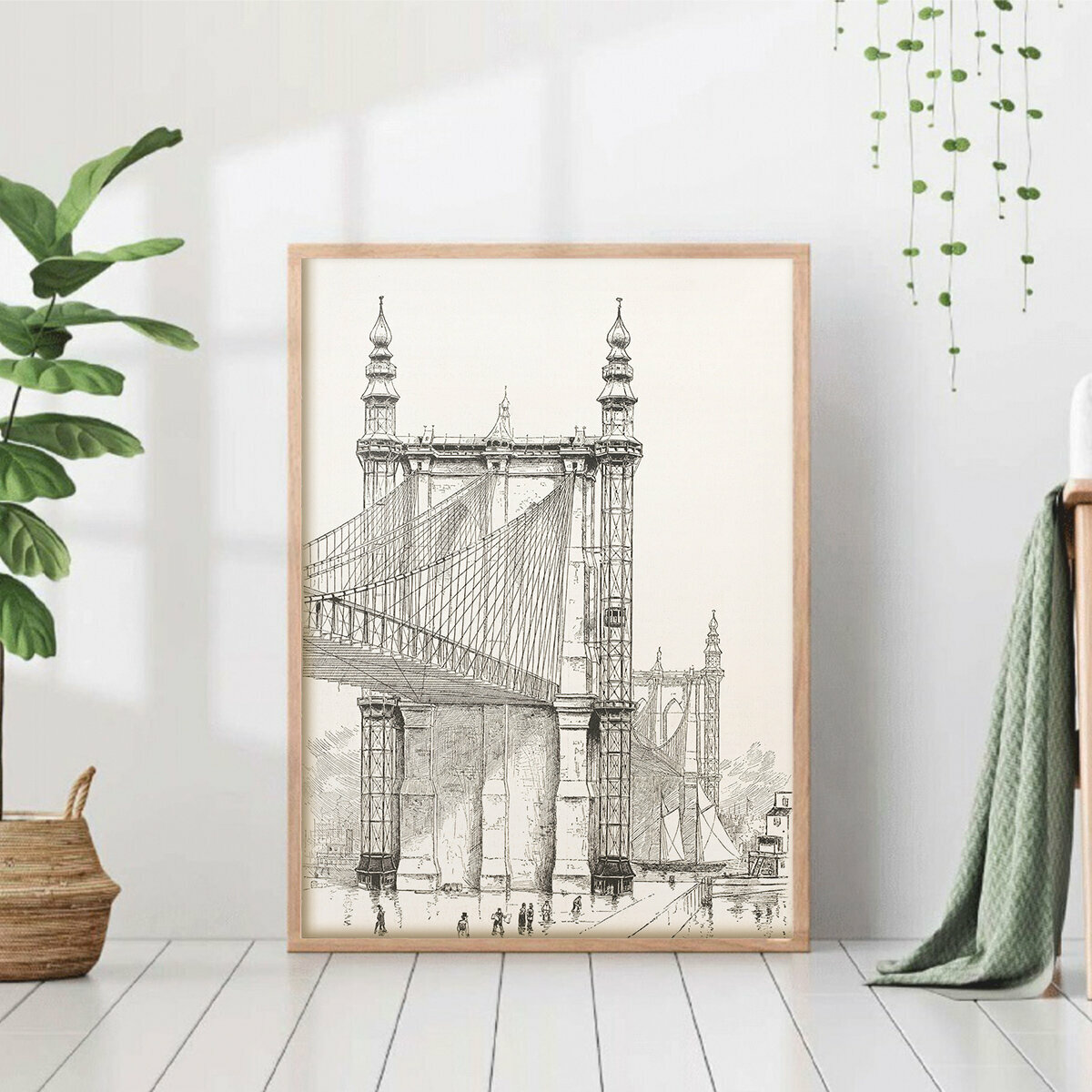 Постер "Бруклинский мост ретро иллюстрация" без рамы 50x70 см на стену для интерьера