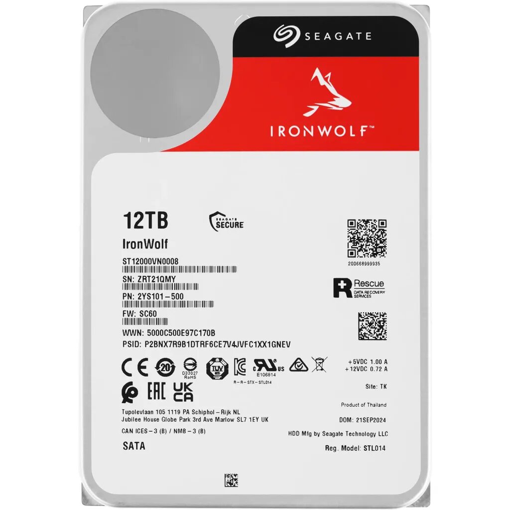 Жесткий диск Seagate Ironwolf ST12000VN0008, 12ТБ, HDD, SATA III, 3.5", 7200об/мин
