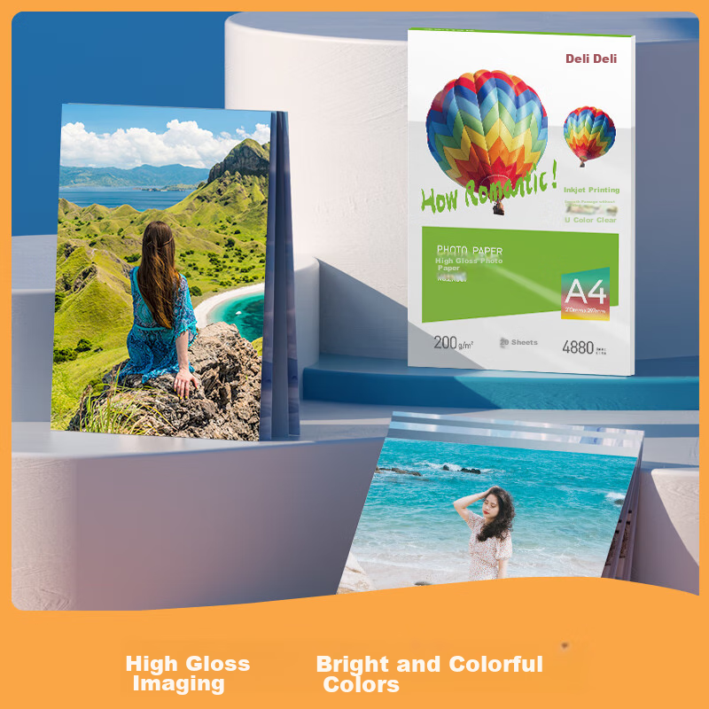 Deli A4 200g High Gloss Photo Paper, Color Inkjet Printing Paper, High Gloss Photo Paper, 20 Sheets/Pack, ZX001