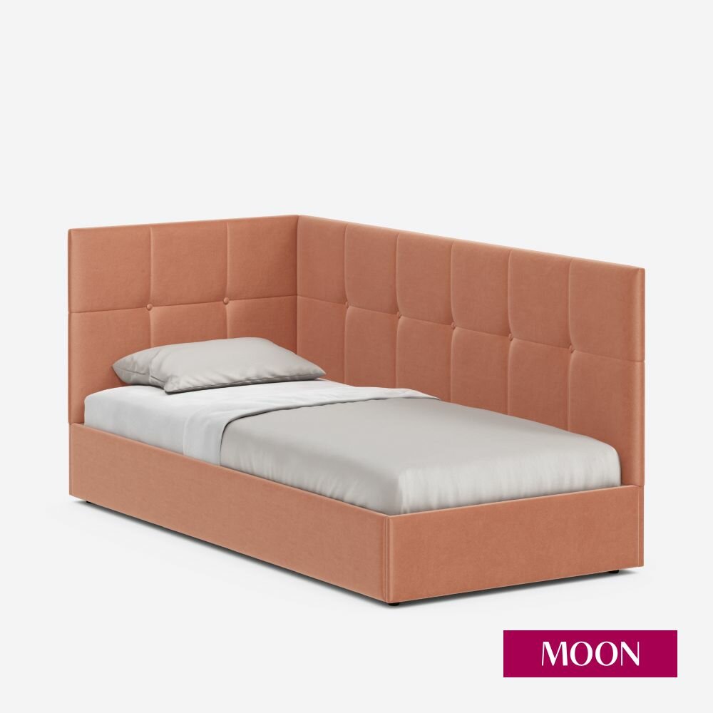 Кровать односпальная, подростковая, с подъемным механизмом, MOON FAMILY 1261, размер 90х200 см, велюр оранжевый, ящик для белья, левая боковая спинка. Ортопедическое основание в комплекте